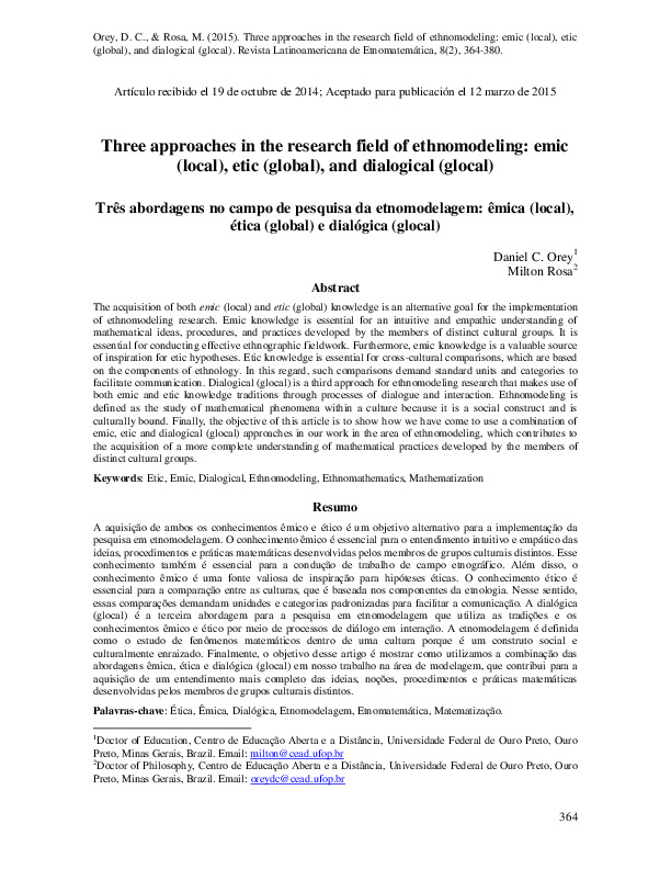 Three approaches in the research field of ethnomodeling: emic (local ...