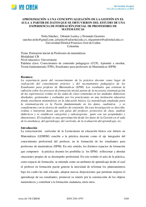 Aproximación a una conceptualización de la gestión en el aula a partir de datos que se ...