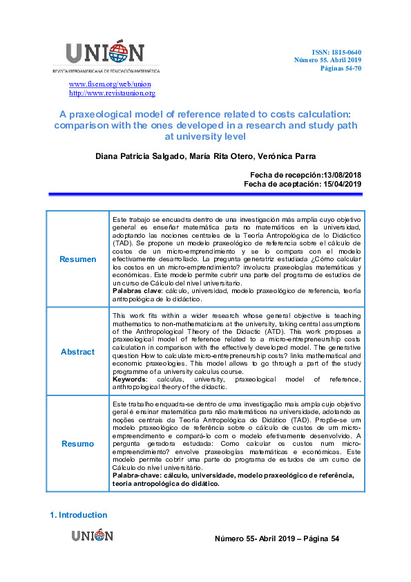 A praxeological model of reference related to costs calculation ...