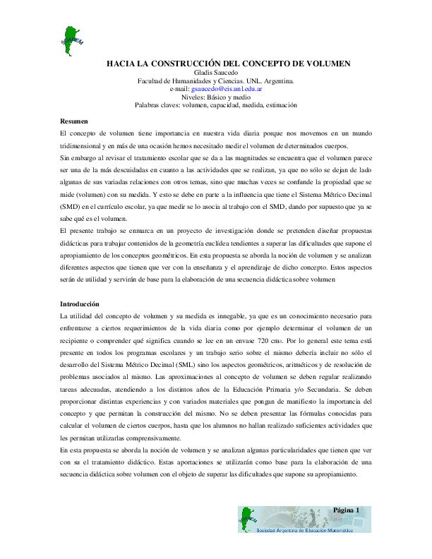 Hacia la construcción del concepto de volumen - Funes