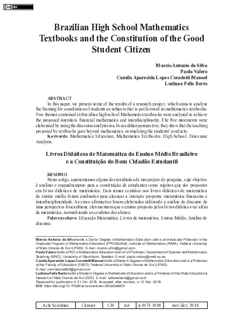 Brazilian high school mathematics textbooks and the constitution of the ...