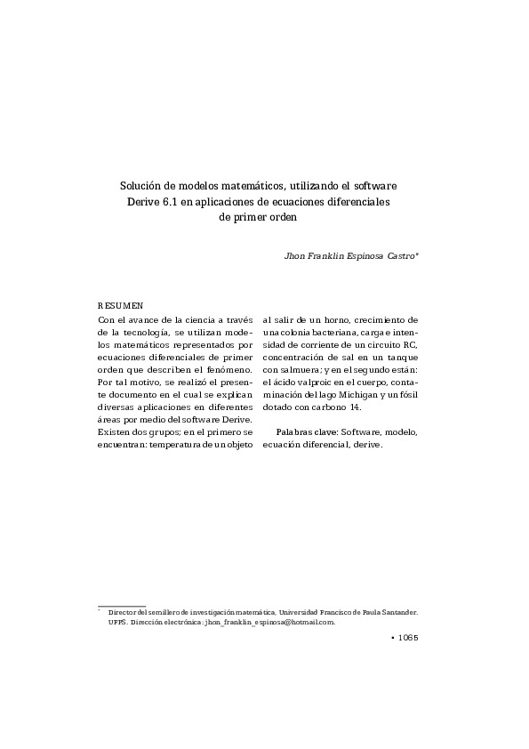 Solución de modelos matemáticos, utilizando el software Derive 6.1 en ...