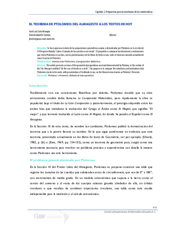 El teorema de Ptolomeo: del almagesto a los textos de hoy - Funes