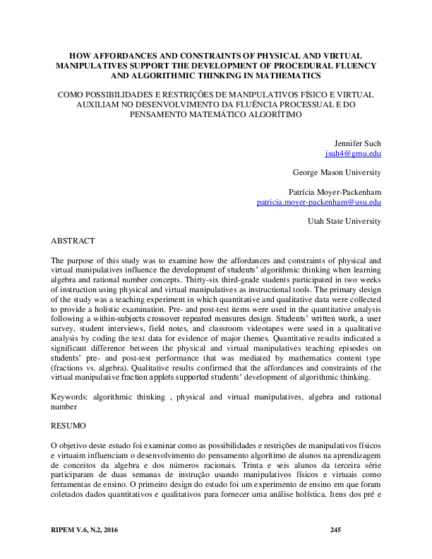 How affordances and constraints of physical and virtual manipulatives support the development of ...