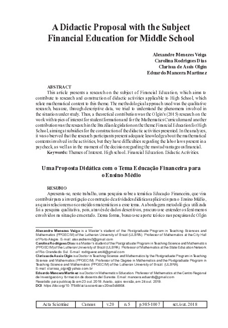 A didactic proposal with the subject of financial education for middle school - Funes
