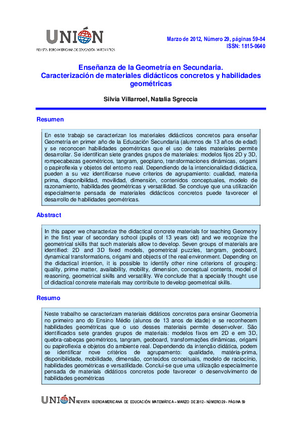 Enseñanza de la geometría en secundaria. Caracterización de materiales didácticos concretos y ...