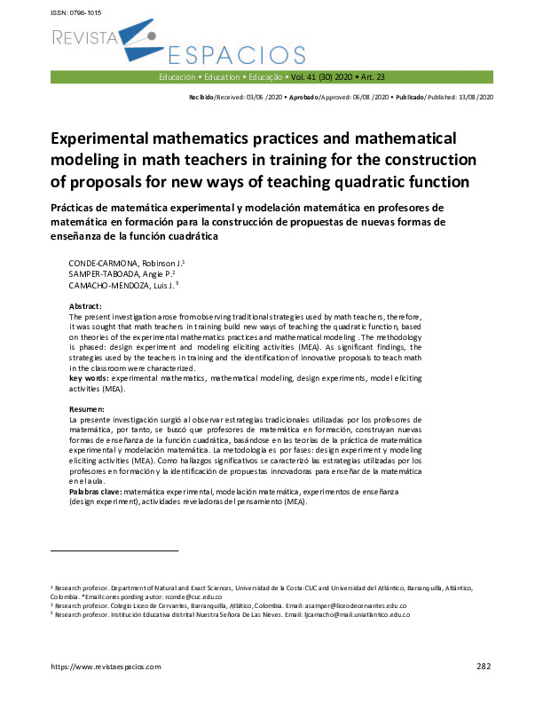 Experimental mathematics practices and mathematical modeling in math teachers in training for ...