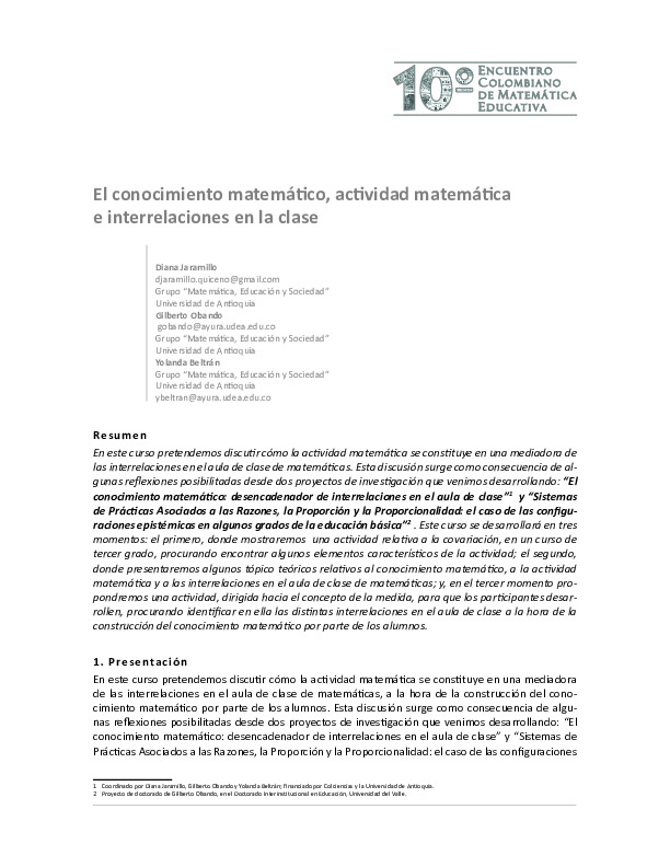 El conocimiento matemático, actividad matemática e interrelaciones en la clase - Funes