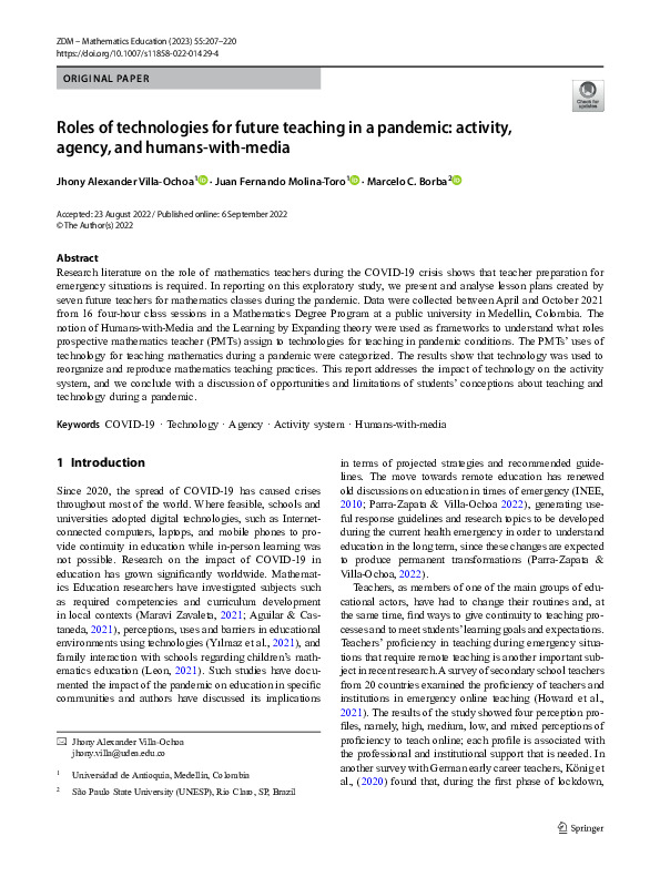 Roles of technologies for future teaching in a pandemic: activity ...