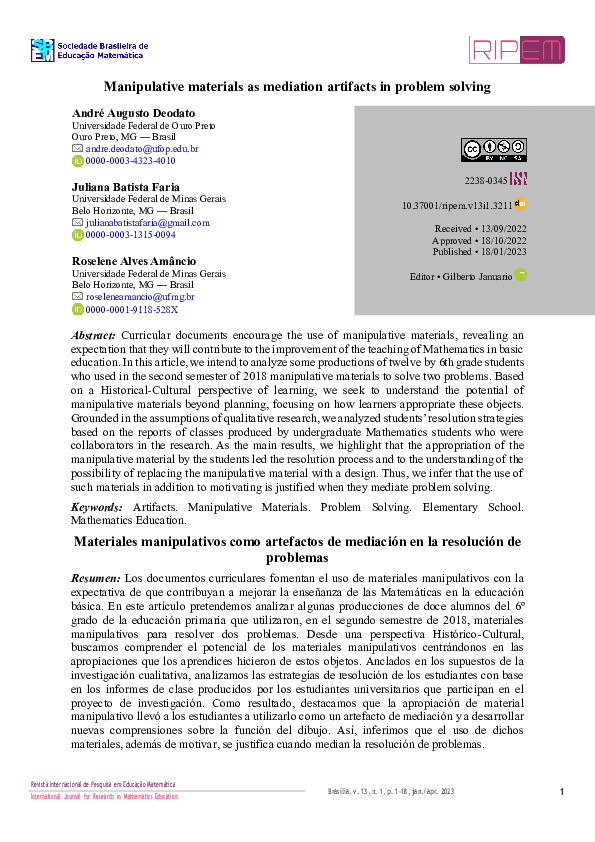 Manipulative materials as mediation artifacts in problem solving - Funes