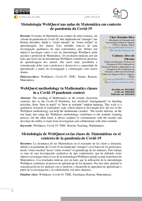 Metodologia WebQuest nas aulas de Matemática em contexto de pandemia da ...