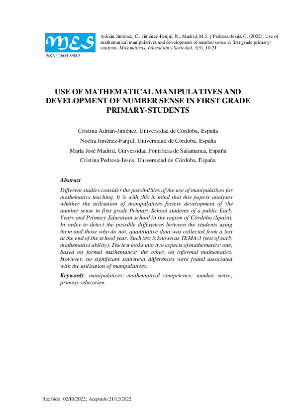 Use of mathematical manipulatives and development of number sense in ...