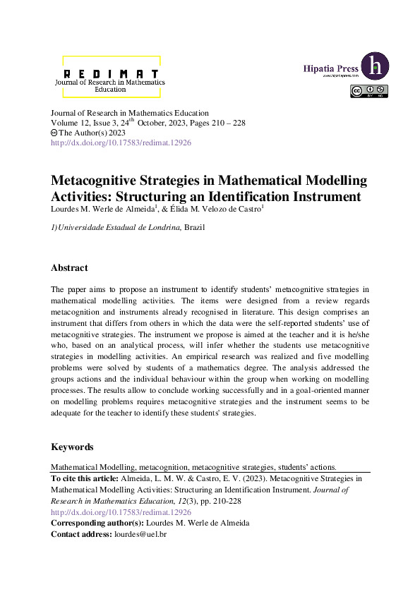 Metacognitive strategies in mathematical modelling activities: structuring an identification ...