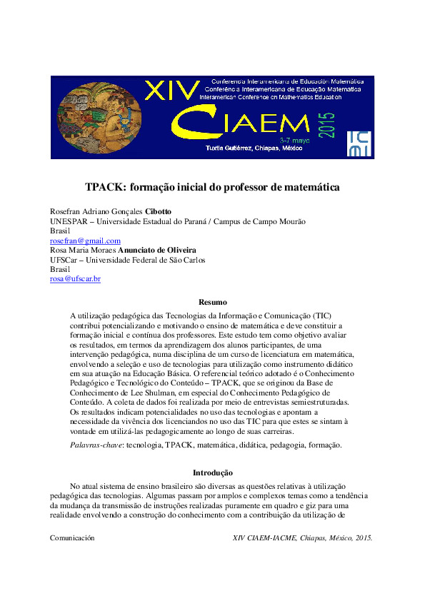 TPACK: formação inicial do professor de matemática - Funes