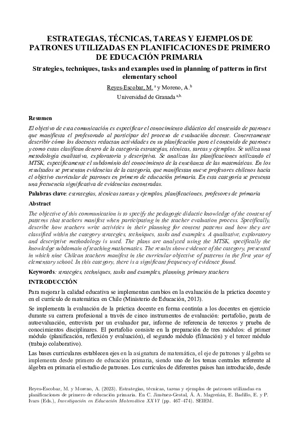 Estrategias, técnicas, tareas y ejemplos de patrones utilizadas en planificaciones de primero de ...