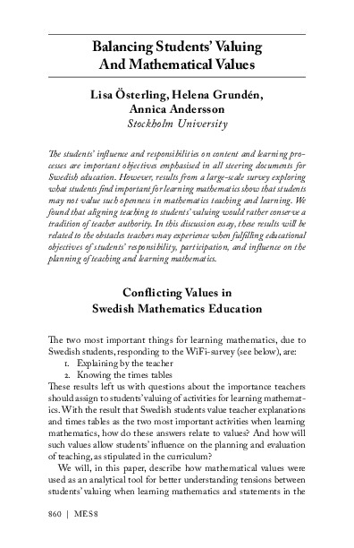 Balancing students’ valuing and mathematical values - Funes