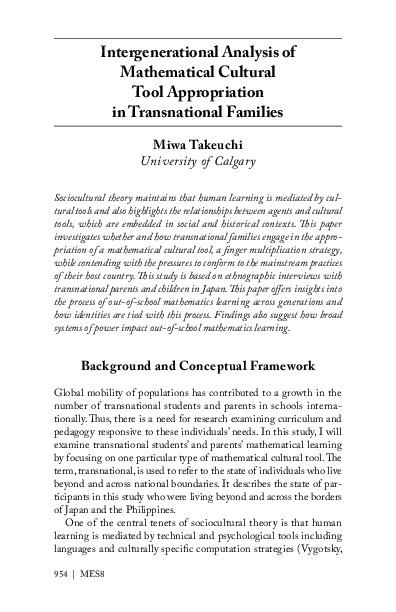 Intergenerational analysis of mathematical cultural tool appropriation in transnational families ...