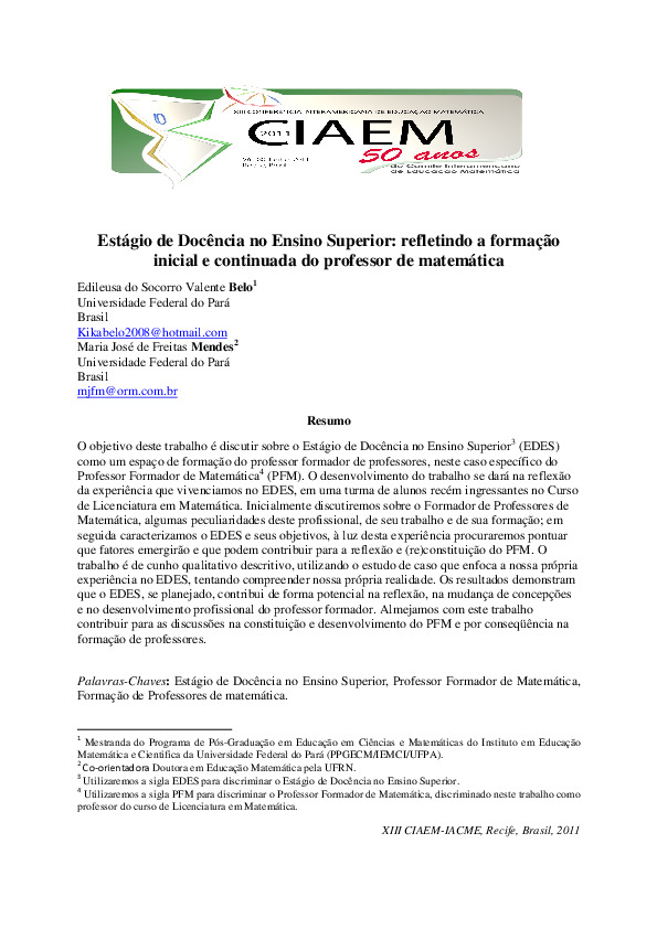 Estágio de docência no ensino superior: refletindo a formação inicial e ...